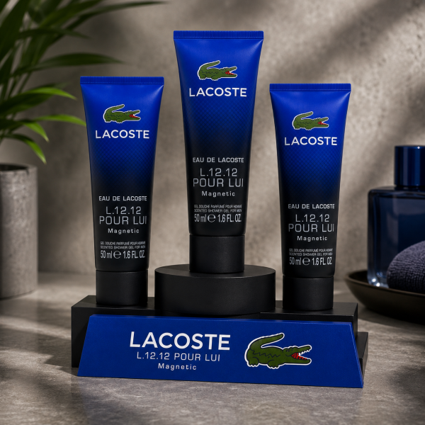 Three Lacoste L.12.12 Pour Lui Magnetic Shower Gel 50ml tubes are shown ...